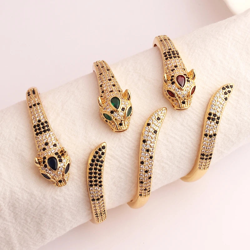 Leopard Open Bangles 18K Gold Plated Micro-inlaid Black Zircon Bracelet ...